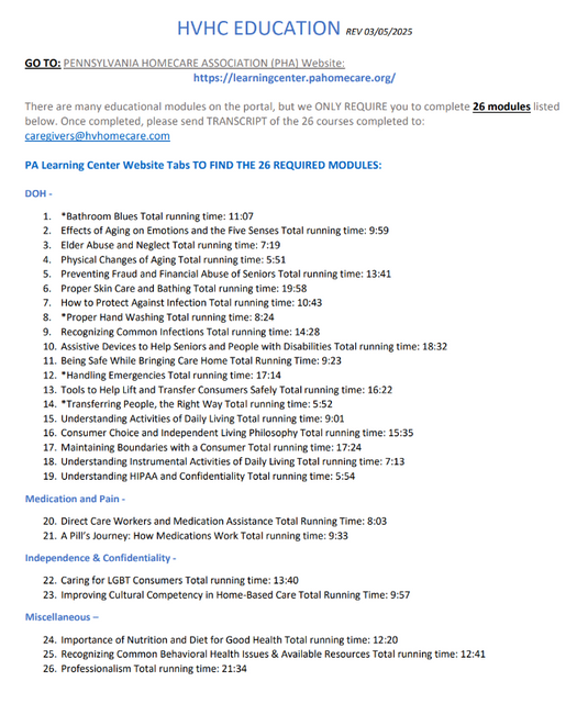 HVHC EDUCATION REQUIREMENTS – Huntingdon Valley Home Care